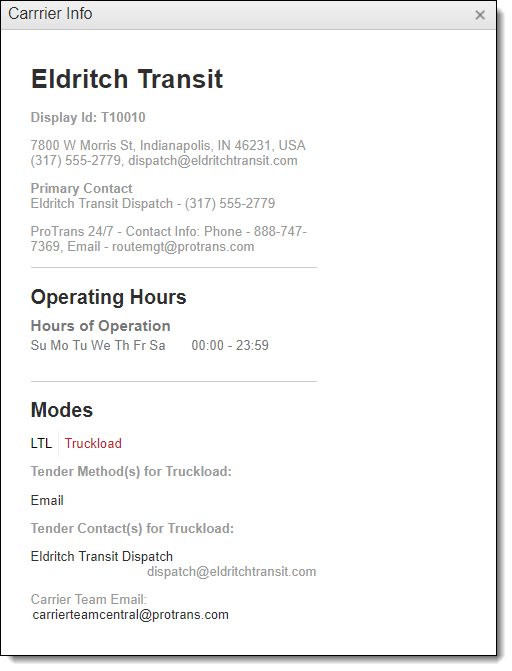 View Carrier Info and ProTrans Contacts