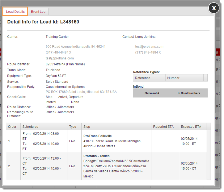 Viewing a Load's Details or Event Log